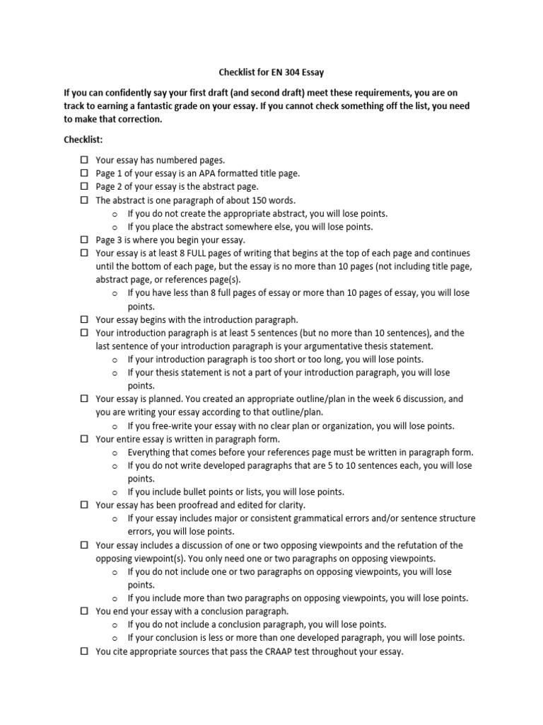 Checklist For EN 304 Essay | PDF | Apa Style | Essays