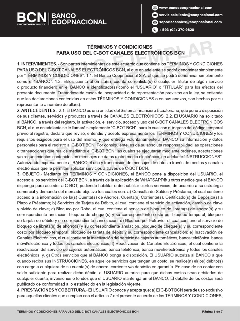 Terminos y Condiciones para Uso Del C BOT Canales Electronicos BCN 1 | PDF | Bancos | Tarjeta de ...