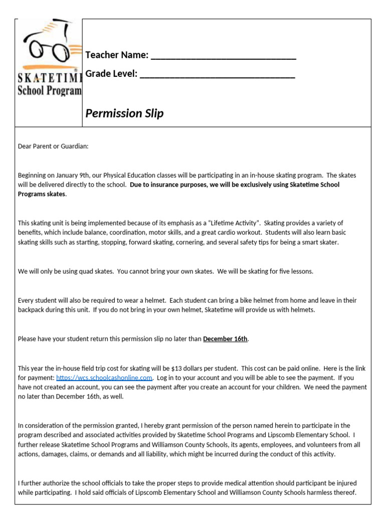 Skatetime School Program Permission Slip | PDF