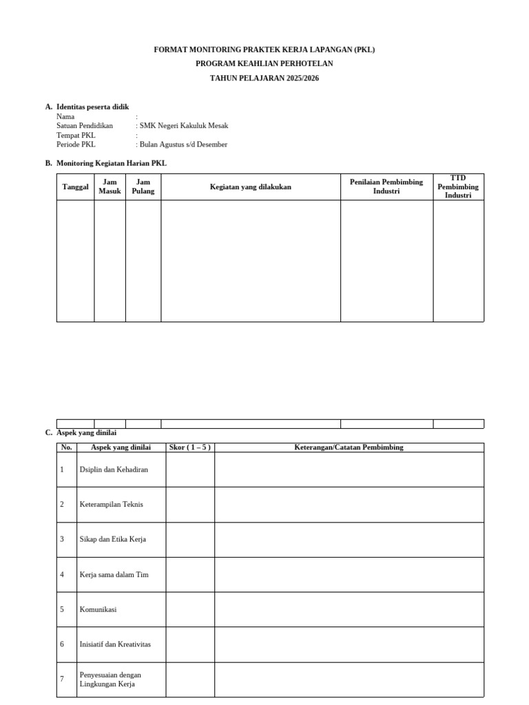 Contoh Catatan Monitoring PKL | PDF