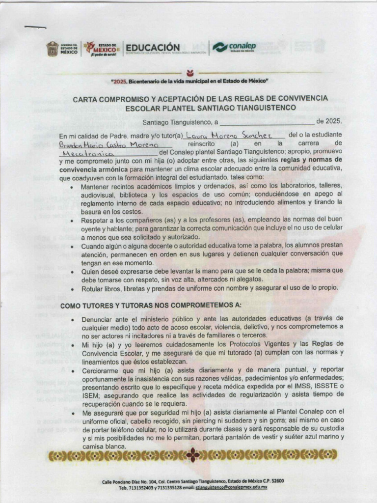 Carta de Compromiso y Aceptación de Las Reglas de Convivenci | PDF