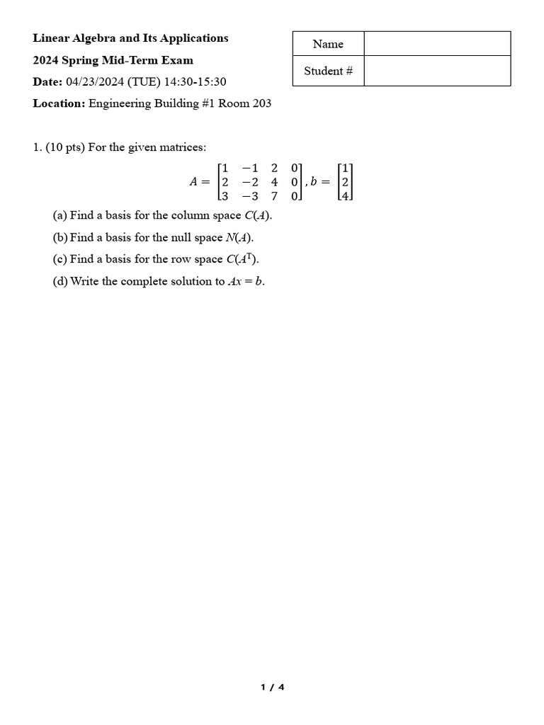 Midterm Review: Linear Algebra Exam 2024 | PDF