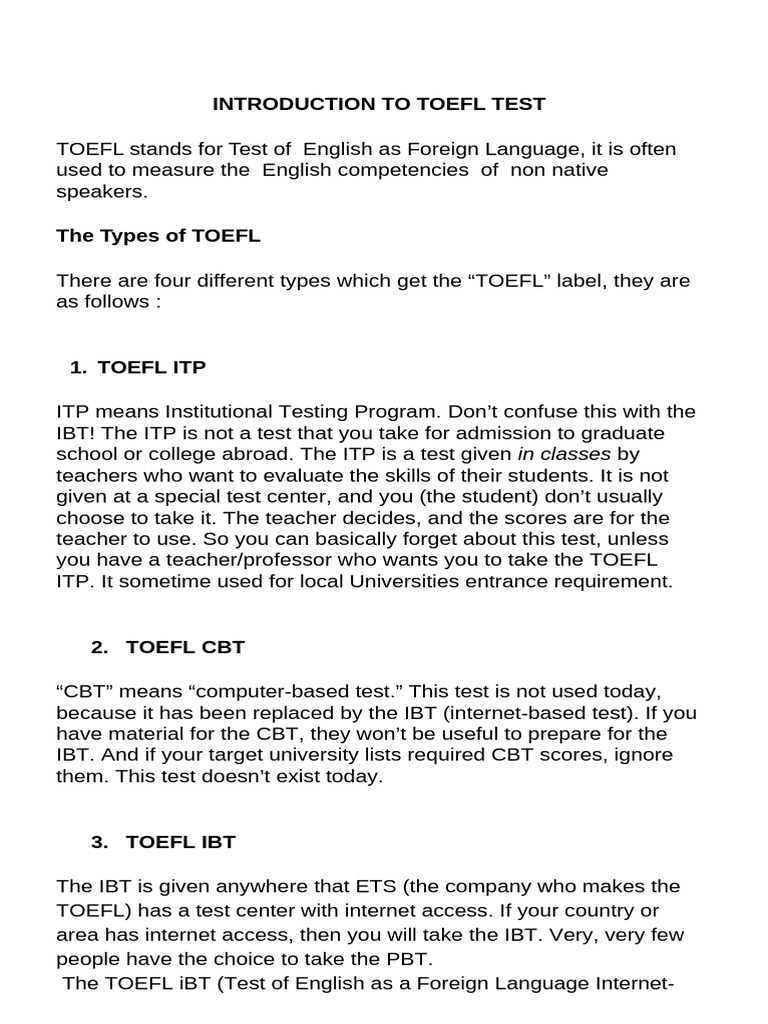 Comprehensive Guide to TOEFL Test Types | PDF | Test Of English As A ...