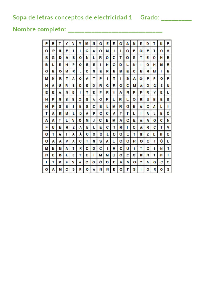 Sopa de Letras Conceptos de Electricidad 1 Grado | PDF