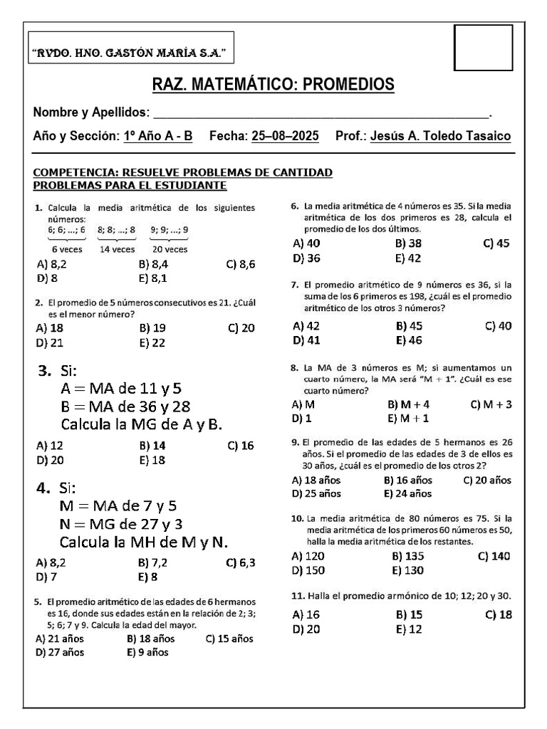 1° Año de Secundaria-Rm-Promedios-Problemas-Gm2025 | PDF