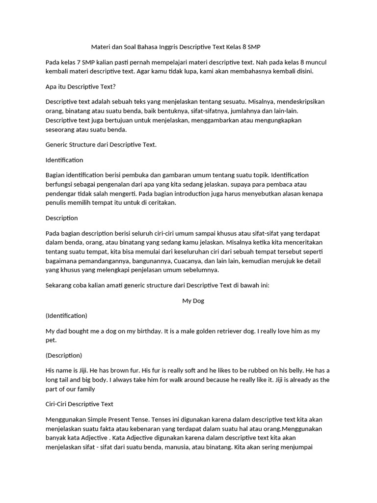 Materi Dan Soal Bahasa Inggris Descriptive Text Kelas 8 SMP | PDF