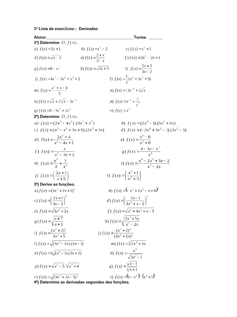 Derivadas Lista 1 | PDF