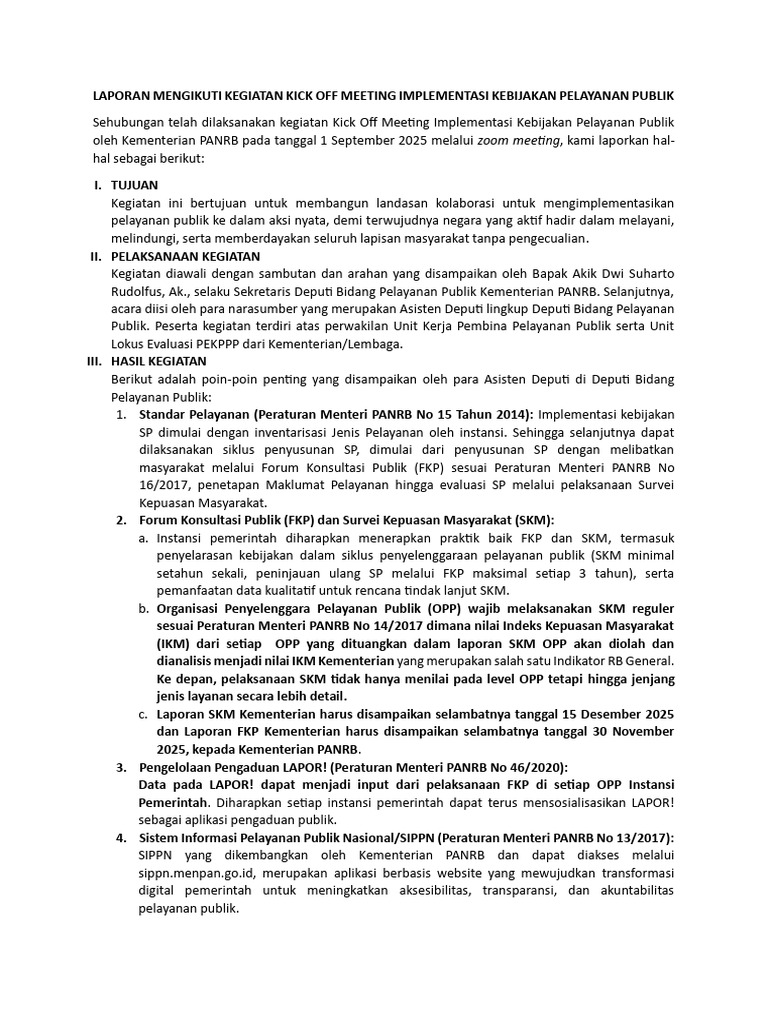 Laporan Kegiatan Kick Off Kebijakan Yanlik 010925 | PDF