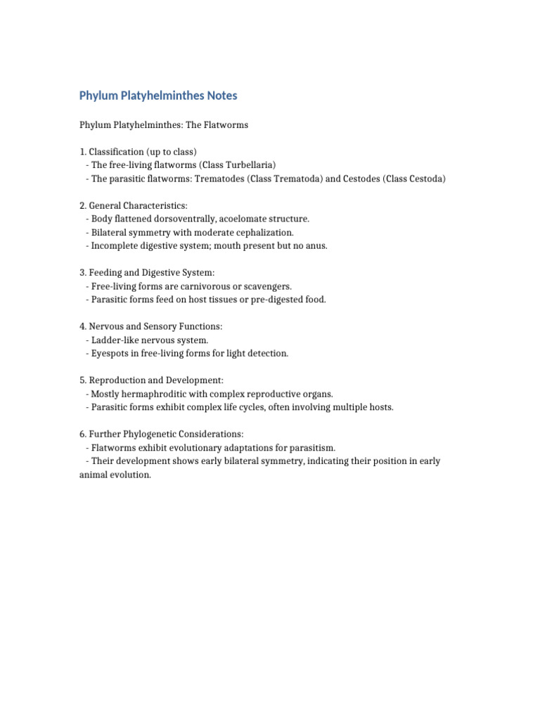 Phylum Platyhelminthes Notes | PDF