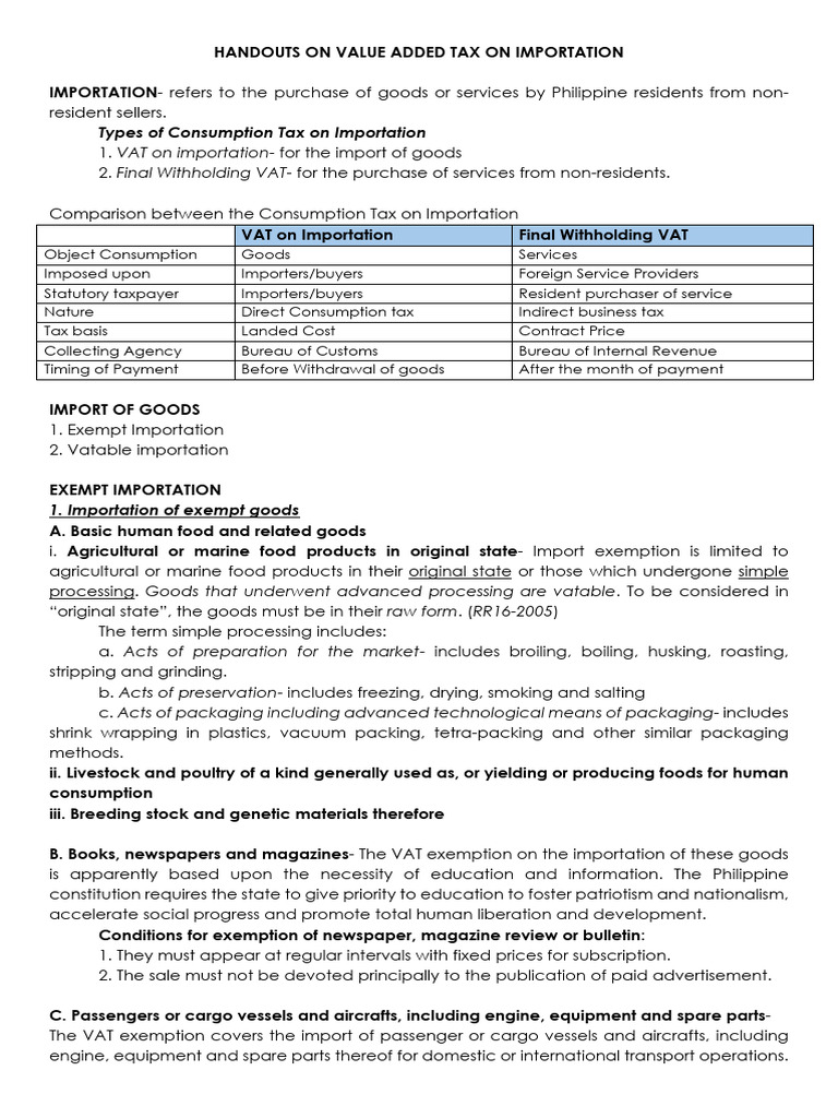 Handouts On Value Added Tax On Importation | PDF | Value Added Tax | Taxes