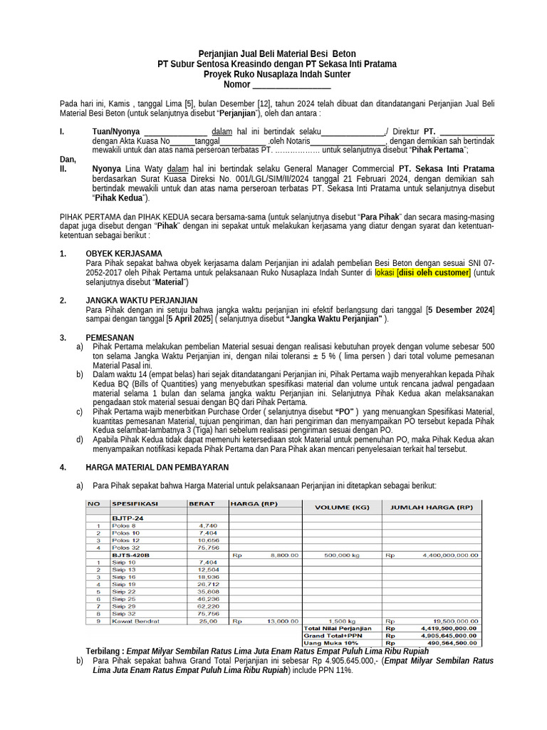 Draft Kontrak PT Subur Sentosa Kreasindo | PDF