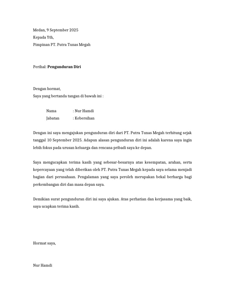 Surat Pengunduran Diri Nur Hamdi | PDF