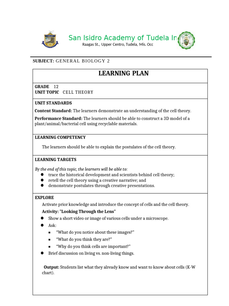LESSON 1 - Postulates of The Cell Theory | PDF | Theory | Cognition