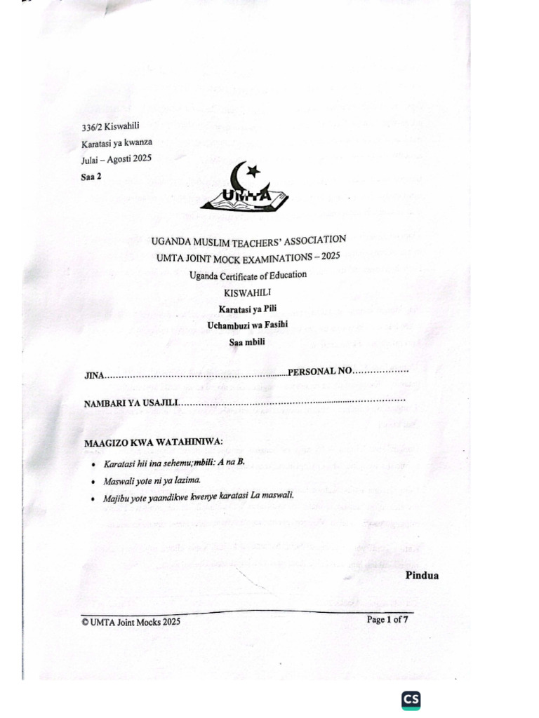 Umta s.4 Mock Kisw2, 2025 | PDF