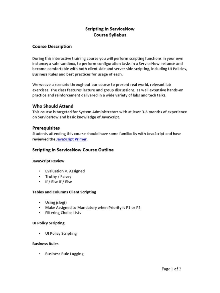 ServiceNow Scripting Course Syllabus | PDF | Computing | Software