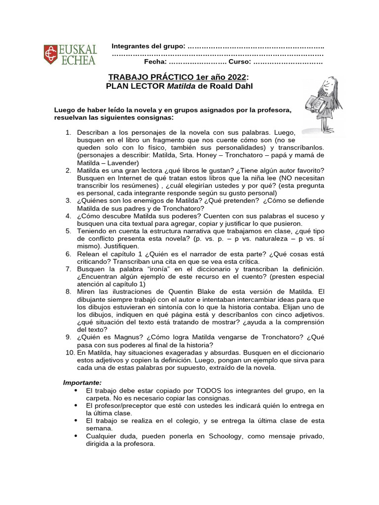 Plan Lector: Matilda de Roald Dahl | PDF
