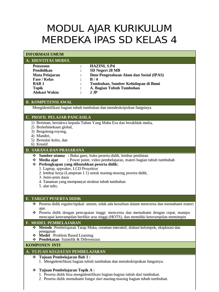 Modul Ajar IPAS Kelas 4: Tumbuhan | PDF