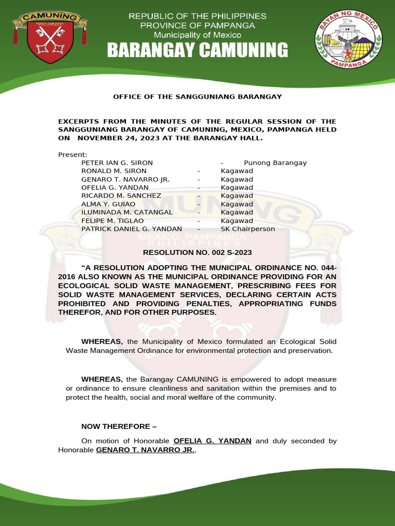 Resolution Adopting Municipal Ordinance No Segregation No Collection Pdf