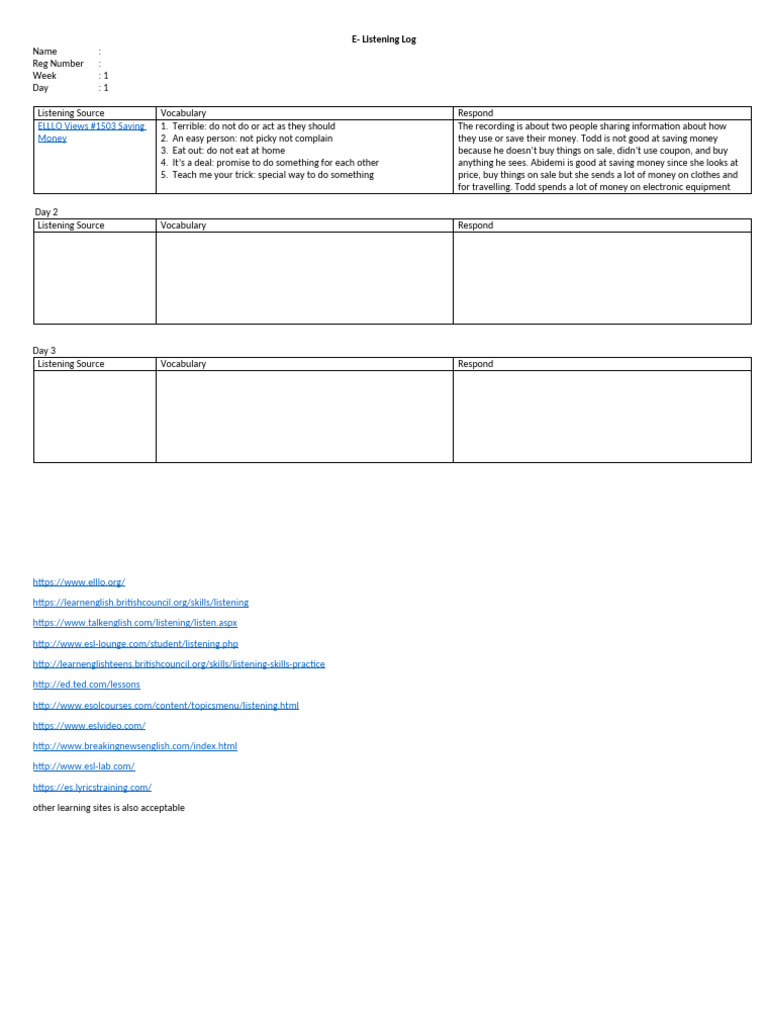 Listening Log Control | PDF