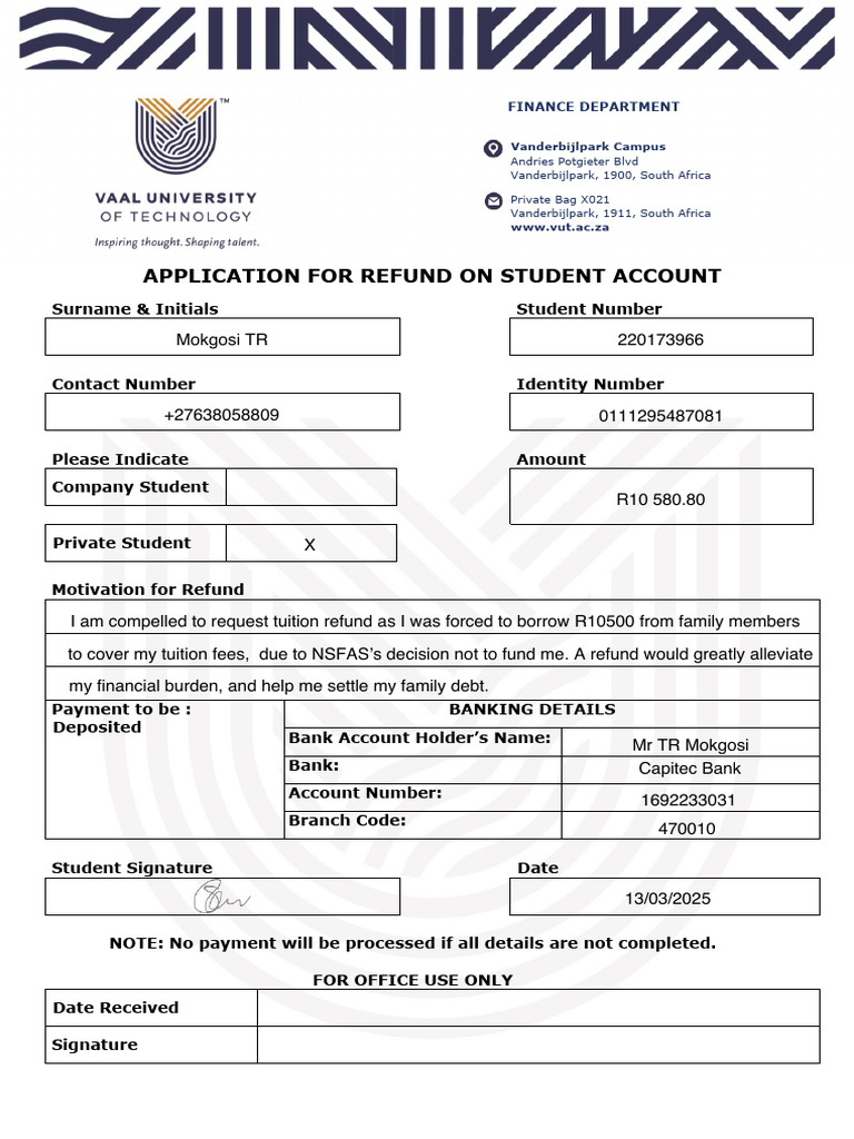 Student Account Refund Application Form | PDF