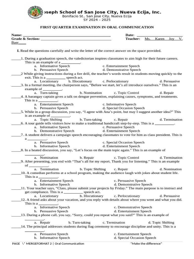 Oral Communication Exam: SY 2024-2025 | PDF | Speech | Rhetoric