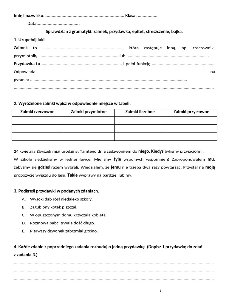 Zaimek, Przydawka, Epitet Test1 | PDF