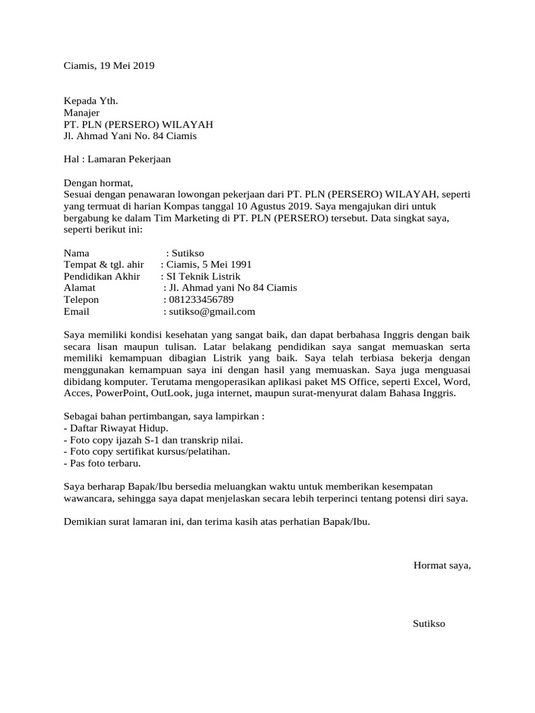 Contoh Surat Lamaran Kerja PLN | PDF