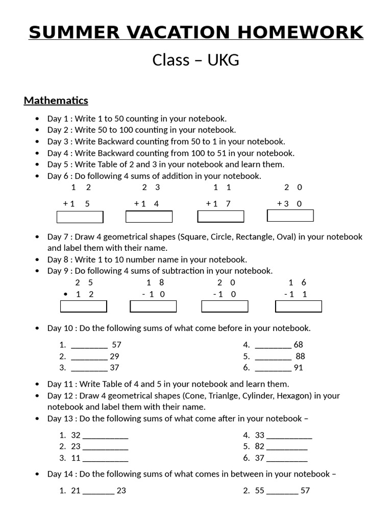 Summer Vacation Homework | PDF