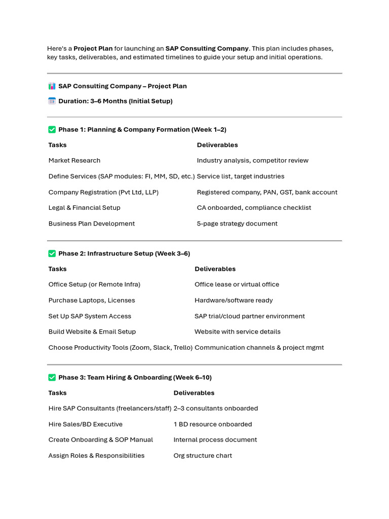 SAP Consulting Company Project Plan | PDF | Computing | Business