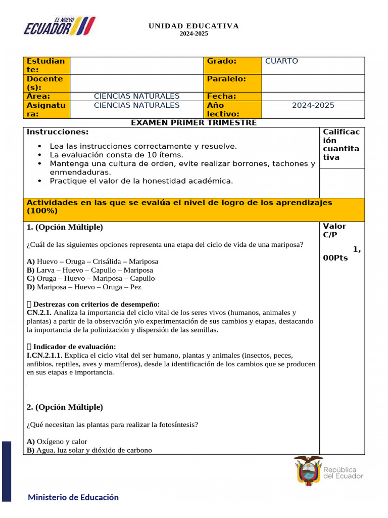 4to - CCNN 1er Trim Examen | PDF | Plantas | Habitat