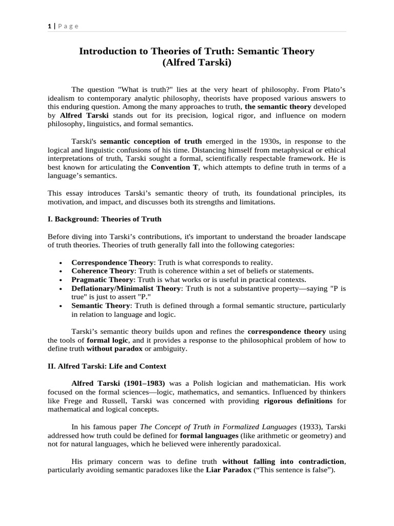 Semantic Theory of Truth | PDF | Truth | Semantics