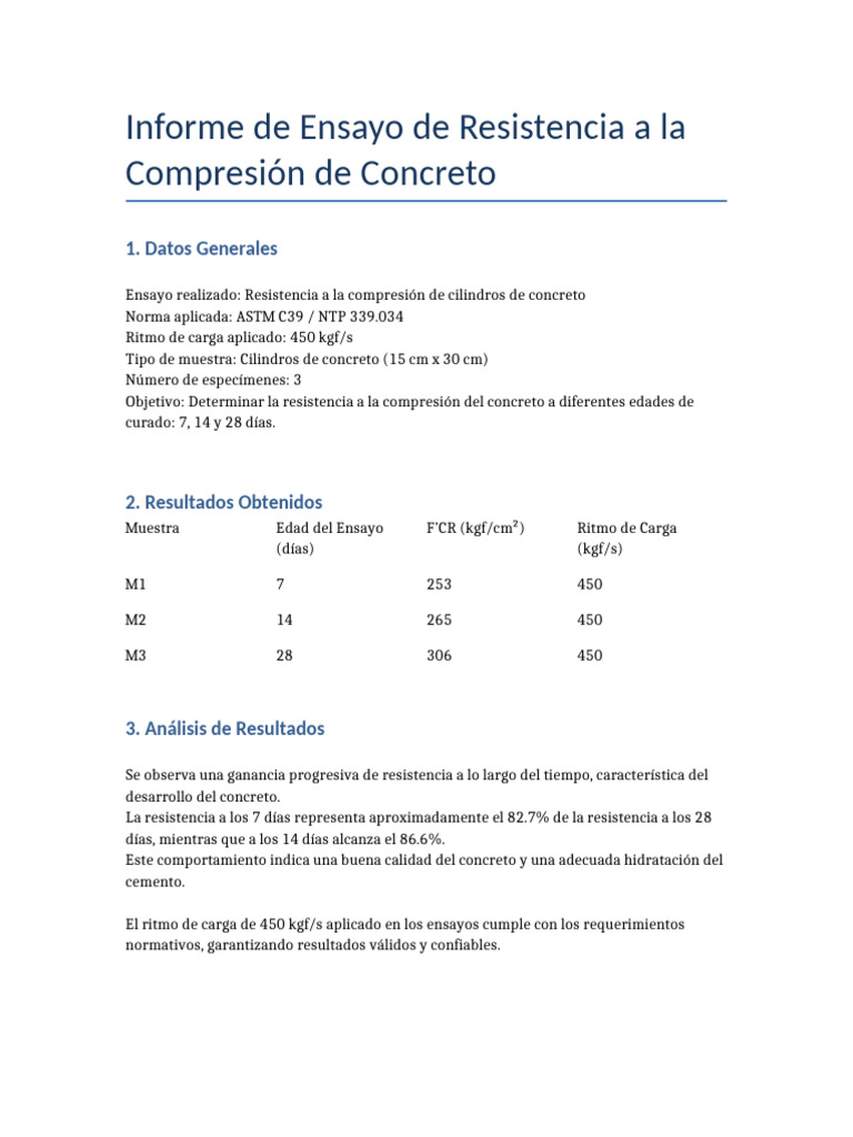 Informe Resistencia Compresion Concreto | PDF