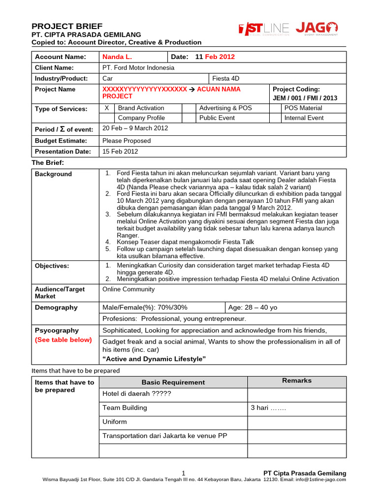 02 ACCOUNT Project Brief (Event Name) DDMMYY | PDF | Ford Motor Company ...