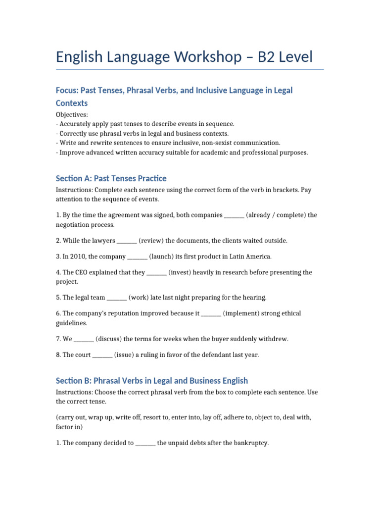 B2 English Workshop: Legal Language Skills | PDF | Grammatical Tense ...