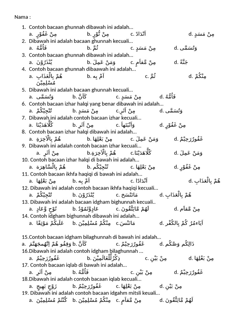 Latihan Soal Tajwid Contoh Bacaan | PDF