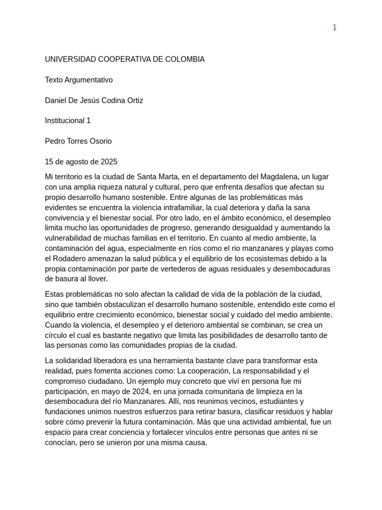 Texto Argumentativo Territorio La Ciudad de Santa Marta Daniel Codina ...