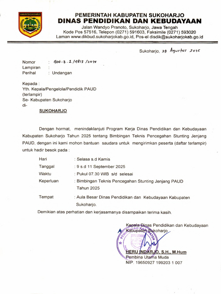 Undangan Bimbingan Teknis Pencegahan Stunting Jenjang PAUD Tahun 2025 | PDF