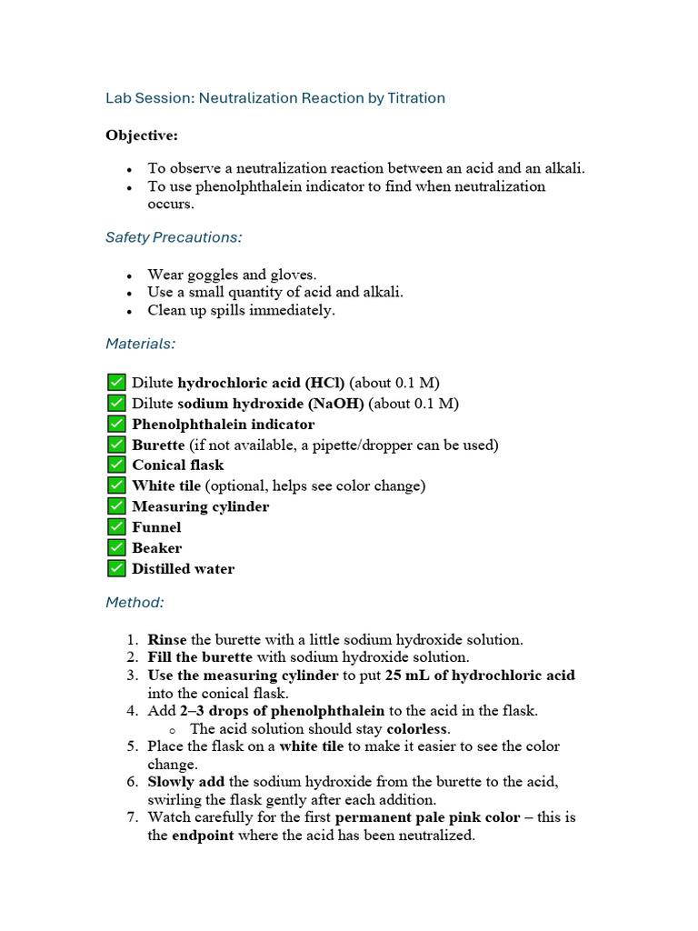 Lab Session: Neutralization Reaction by Titration: Safety Precautions | PDF