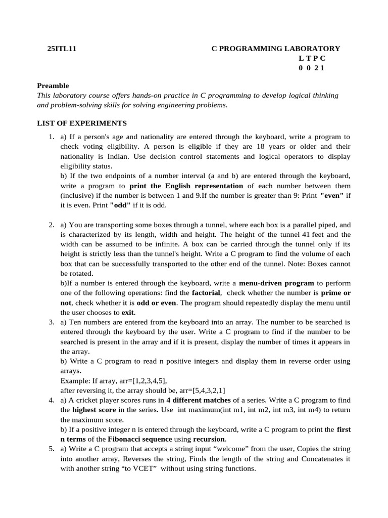 25ITL11 - C Programming Laboratory-R2025 | PDF | String (Computer ...