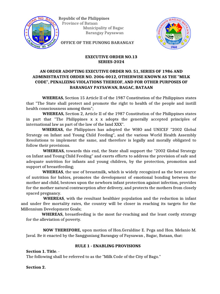 Milk Code Implementation in Barangay Paysawan | PDF | Breastfeeding ...