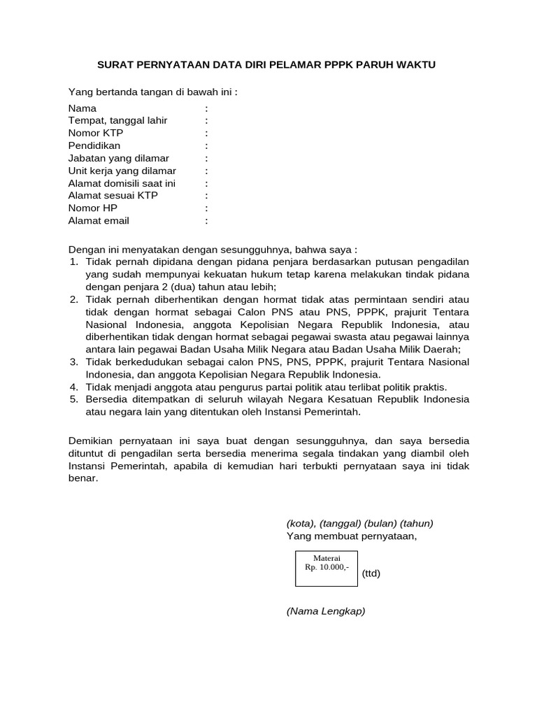 Format Surat Pernyataan 5 Poin PPPK Paruh Waktu | PDF