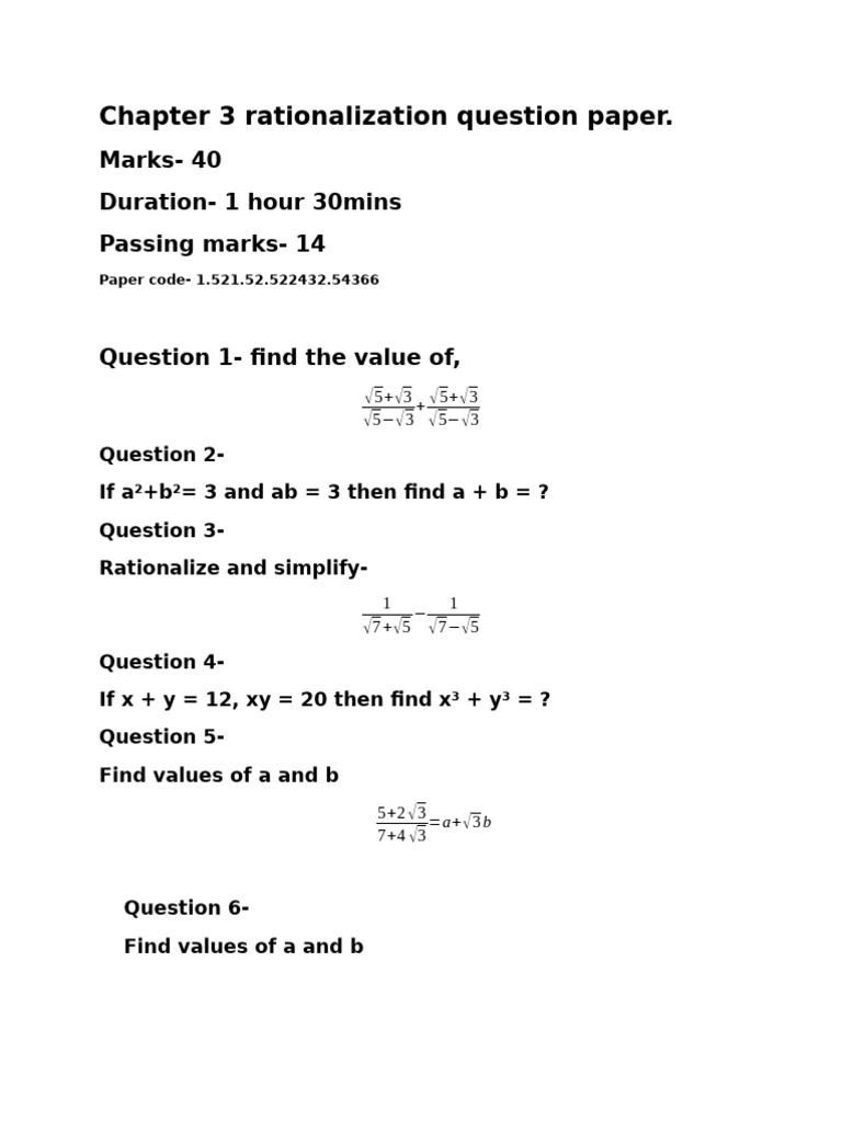 Maths Paper Chp3 Rationalization. | PDF
