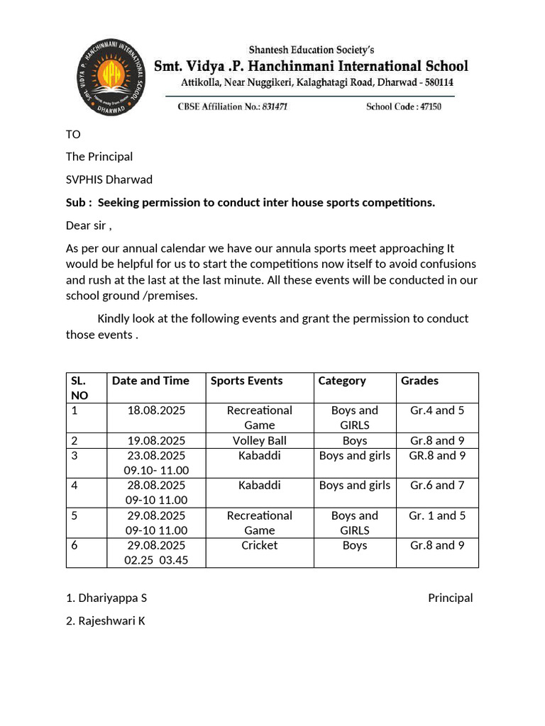 Request for Inter-House Sports Events | PDF