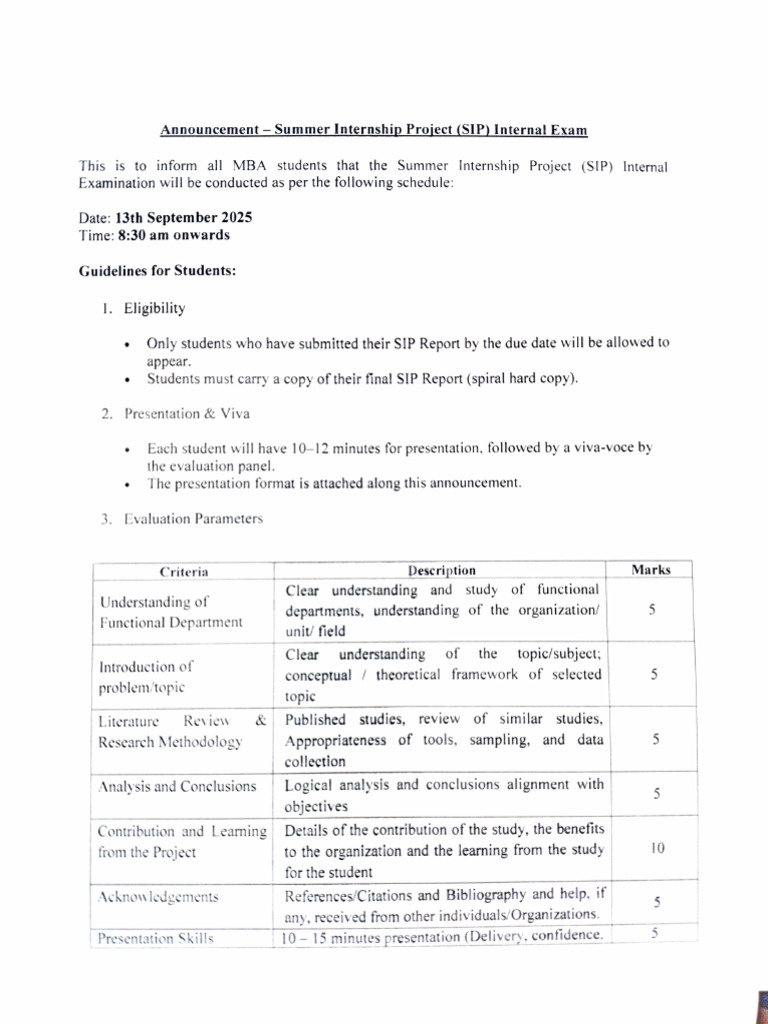 SIP Internal Exam Announcement | PDF | Evaluation | Thesis
