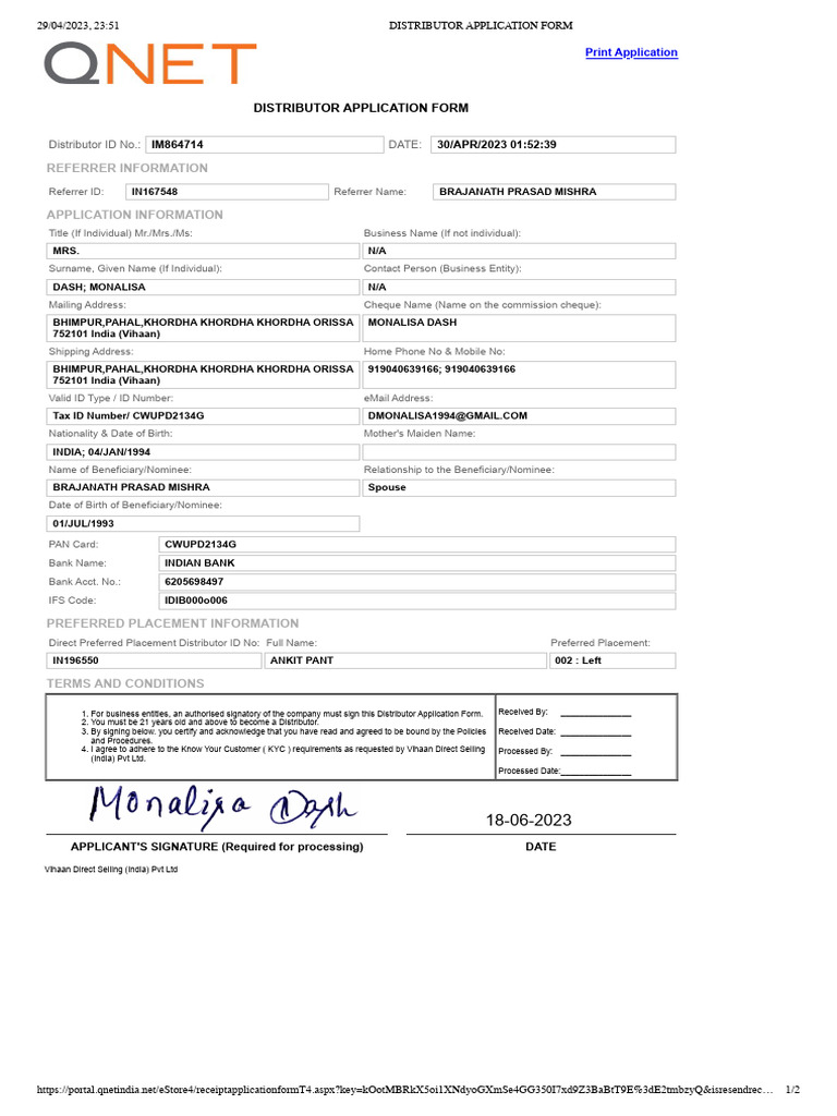 Distributor Application Form for QNET | PDF | Taxes