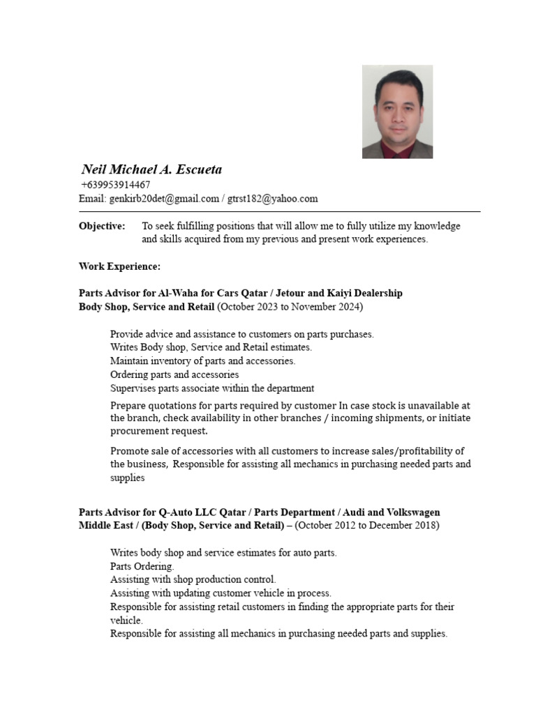 Auto Parts Advisor Resume Summary | PDF | Automotive Industry | Vehicles