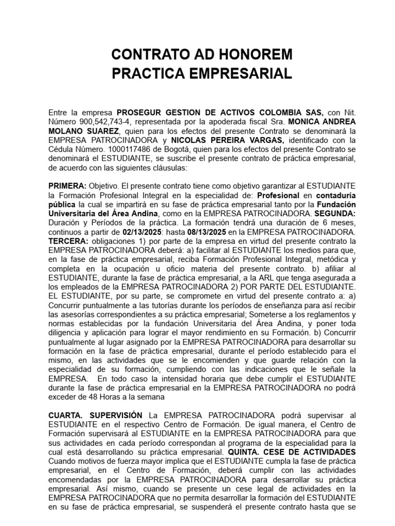 Formato Contrato Práctica Empresarial AD HONOREM | PDF