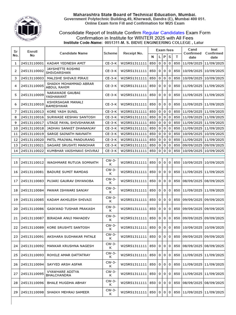 Regular Exam Form Fill and Confirmation For W25 Exam | PDF