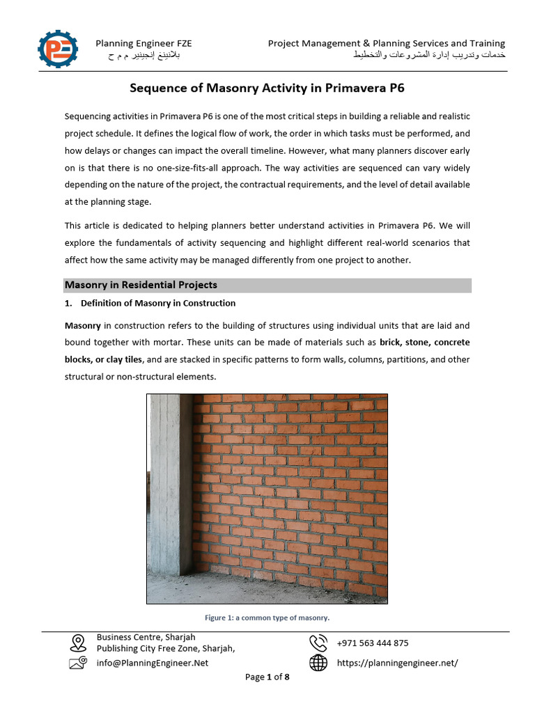 Sequence of Masonry Activity in Primavera P6 PDF | PDF | Masonry | Concrete