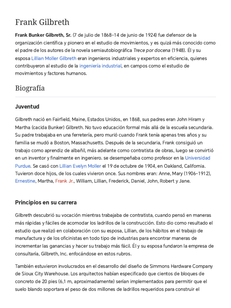 Nacimiento y legado de Frank Gilbreth | PDF